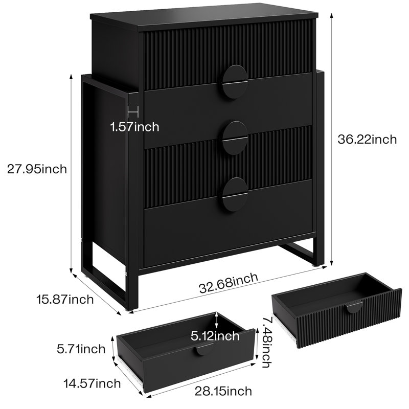 Ebern Designs Modern Fluted 4 Drawer Dresser,textured Wood Sticks Borders H Legs For Bedroom ...